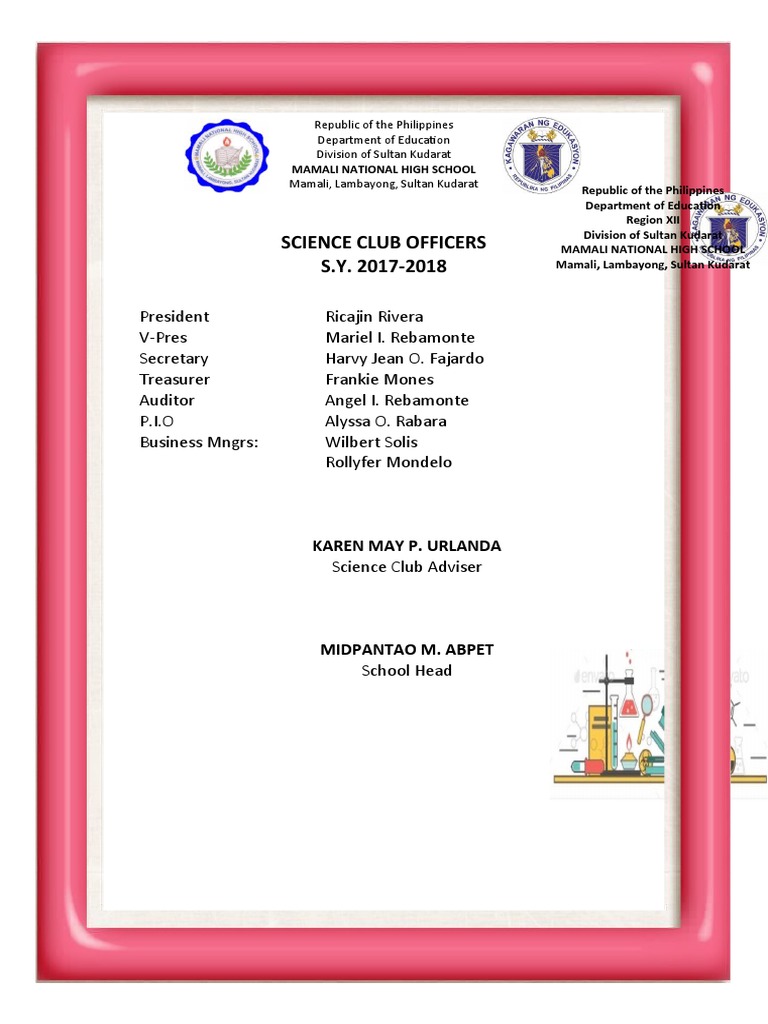 Science Club Officers S.Y. 2017-2018: Karen May P. Urlanda | PDF