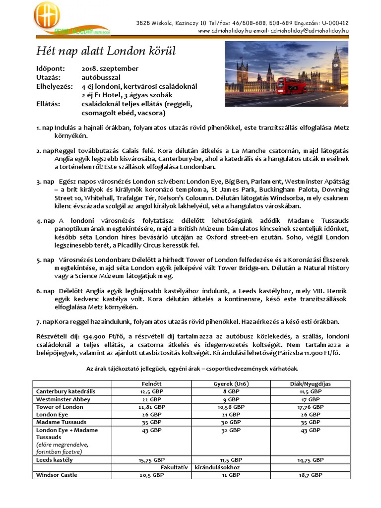 Hét Nap Alatt London Körül 2018 Szilágyiné Major Judit | PDF