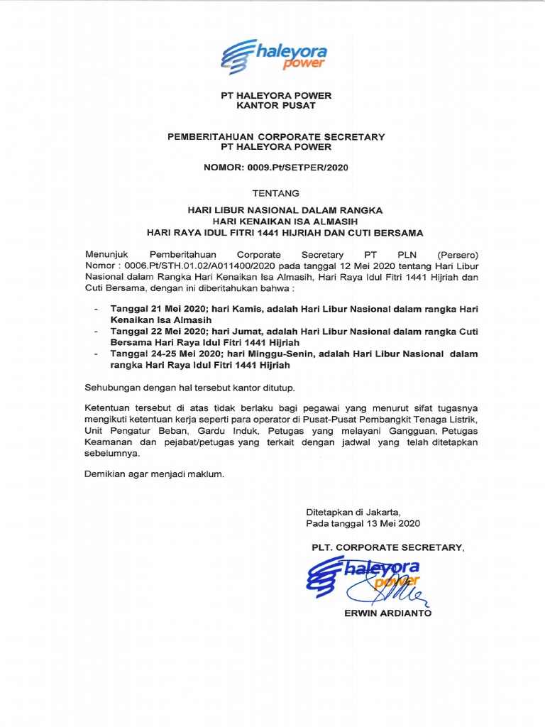 0009 - Surat Pemberitahuan Hari Libur Nasional Dalam Rangka Hari ...