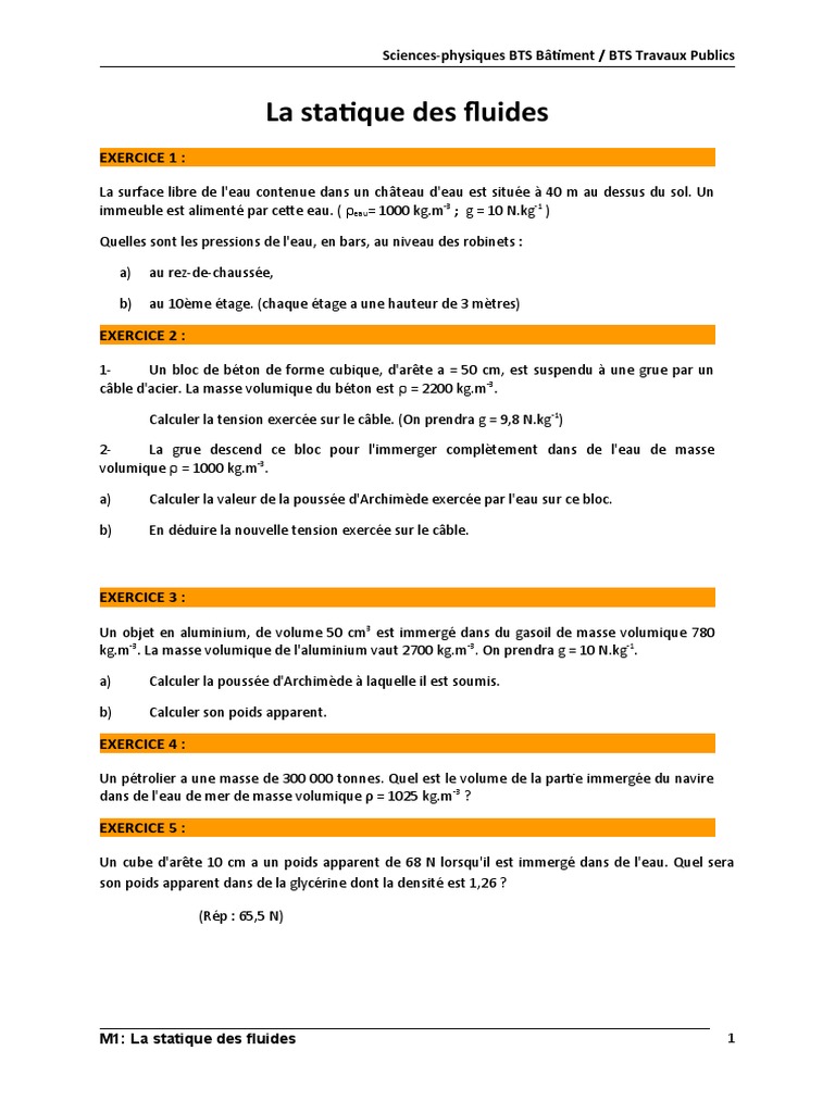 Exercices de Statique des Fluides BTS | PDF | Sciences et mathématiques
