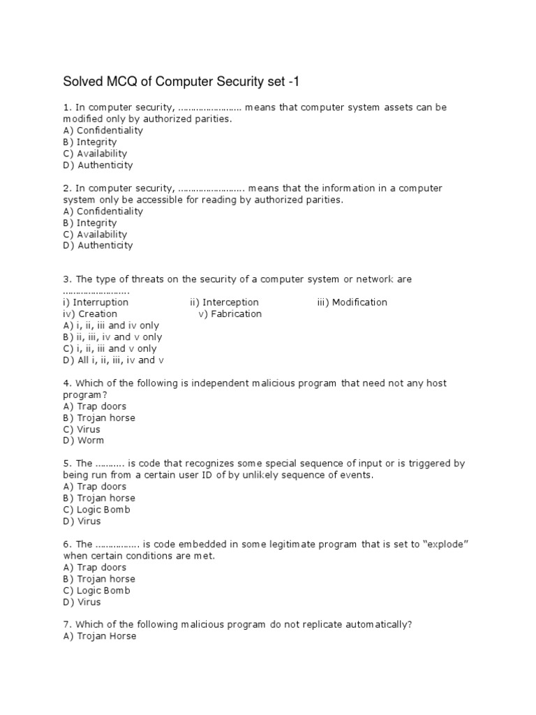 Computer Security MCQs and Answers | PDF | Computer Virus | Security
