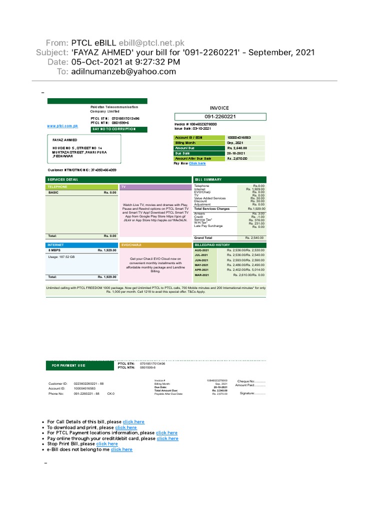 PTCL Invoice Summary for September 2021 | PDF | Payments | Cheque