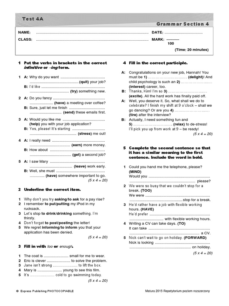 Matura 2015 Repetytorium PR Grammar Section 4 Test AB | PDF | Grammar ...