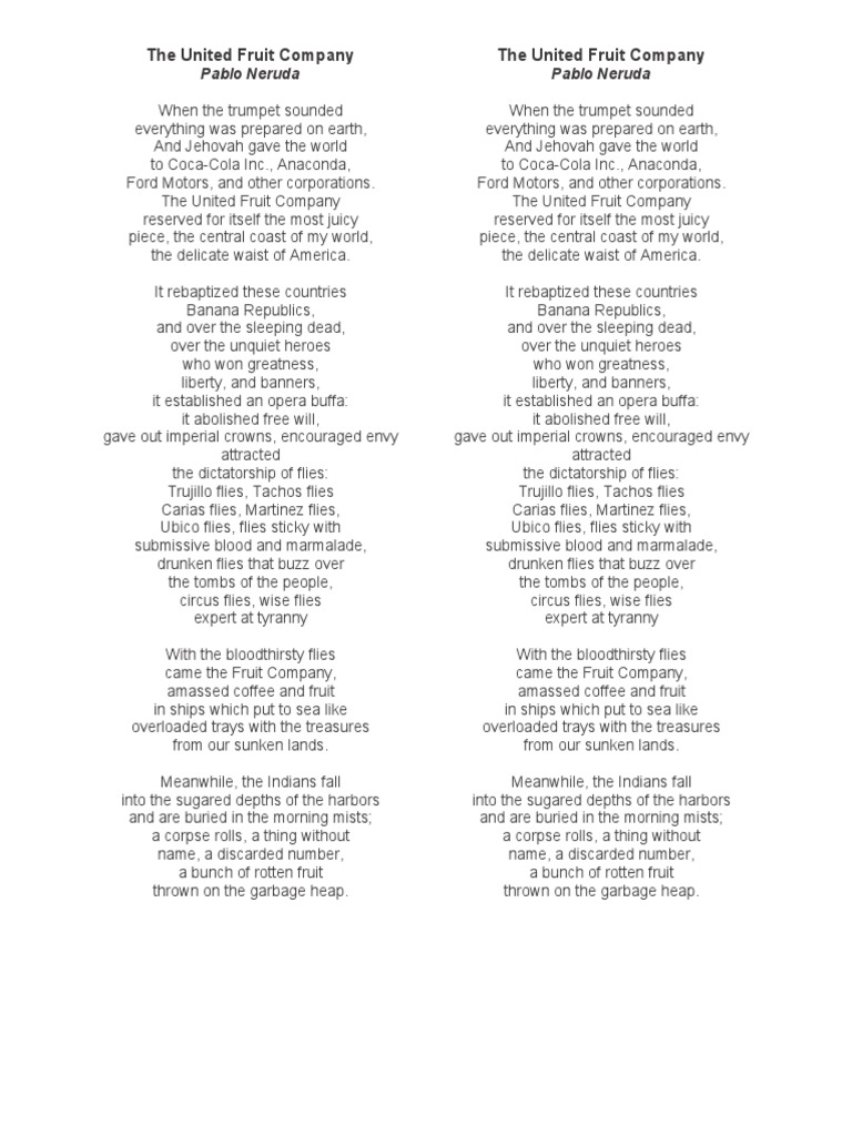 The United Fruit Company The United Fruit Company: Pablo Neruda Pablo ...