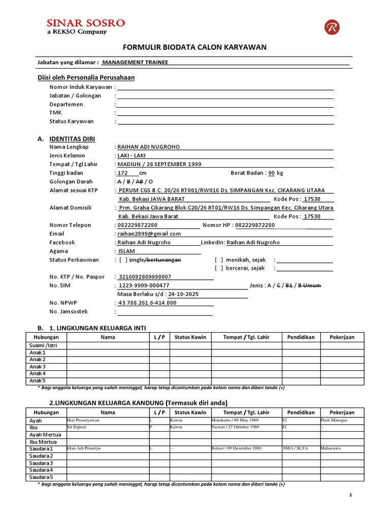 Biodata Raihan untuk Management Trainee | PDF