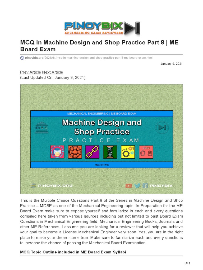 MCQ in Machine Design and Shop Practice Part 8 ME Board Exam | PDF ...