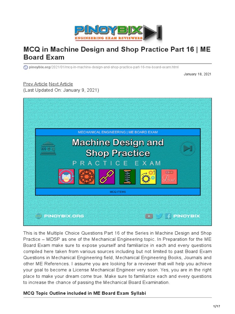 MCQ in Machine Design and Shop Practice Part 16 ME Board Exam | PDF ...