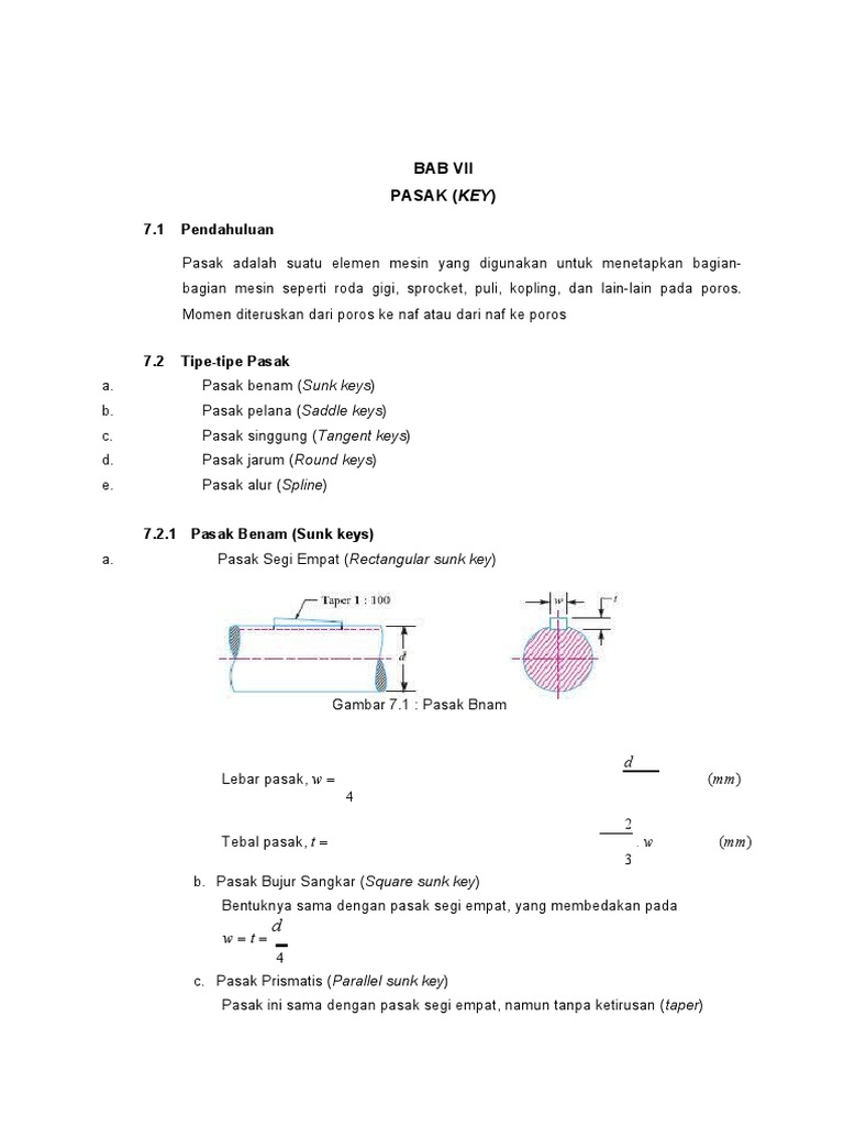 Tipe dan Perhitungan Pasak Mesin | PDF