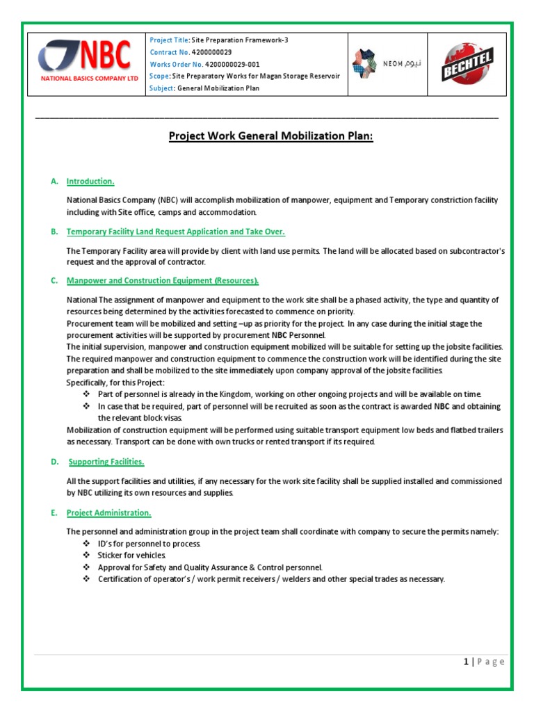 32.A - Mobilization Plan - General | PDF | Transport