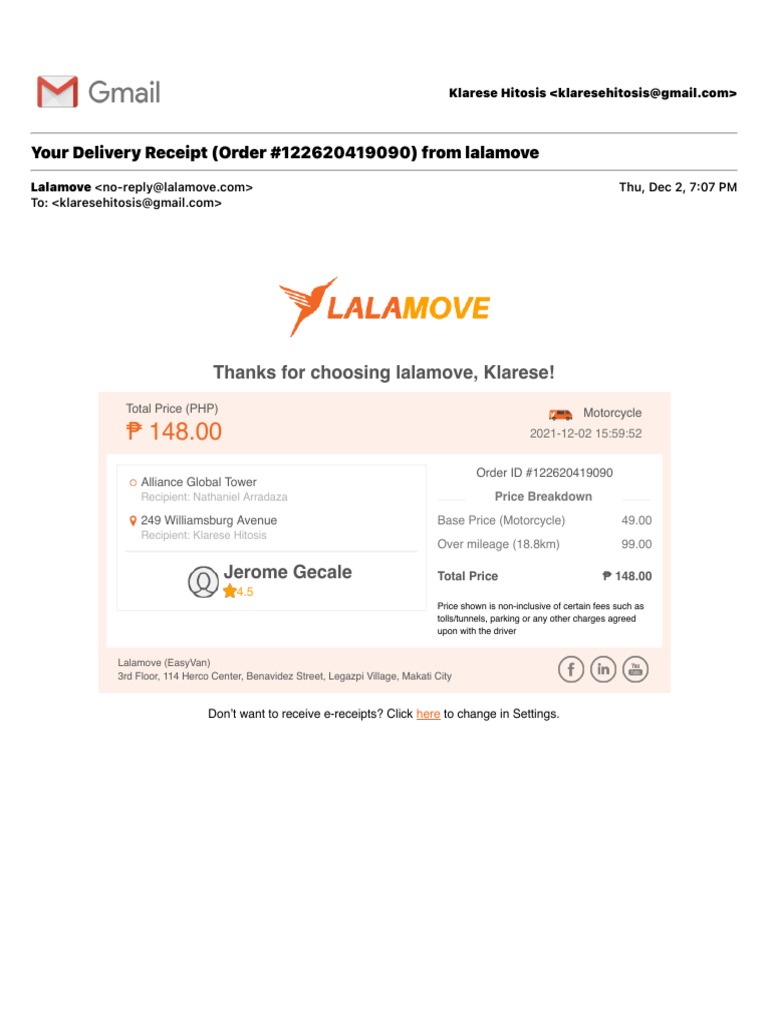 Your Delivery Receipt Order 122620419090 From Lalamove PDF