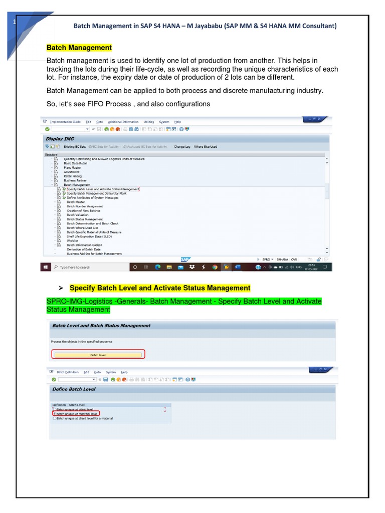 Batch Management FIFO Process in Sap S4 HANA | PDF | Inventory | Shelf Life