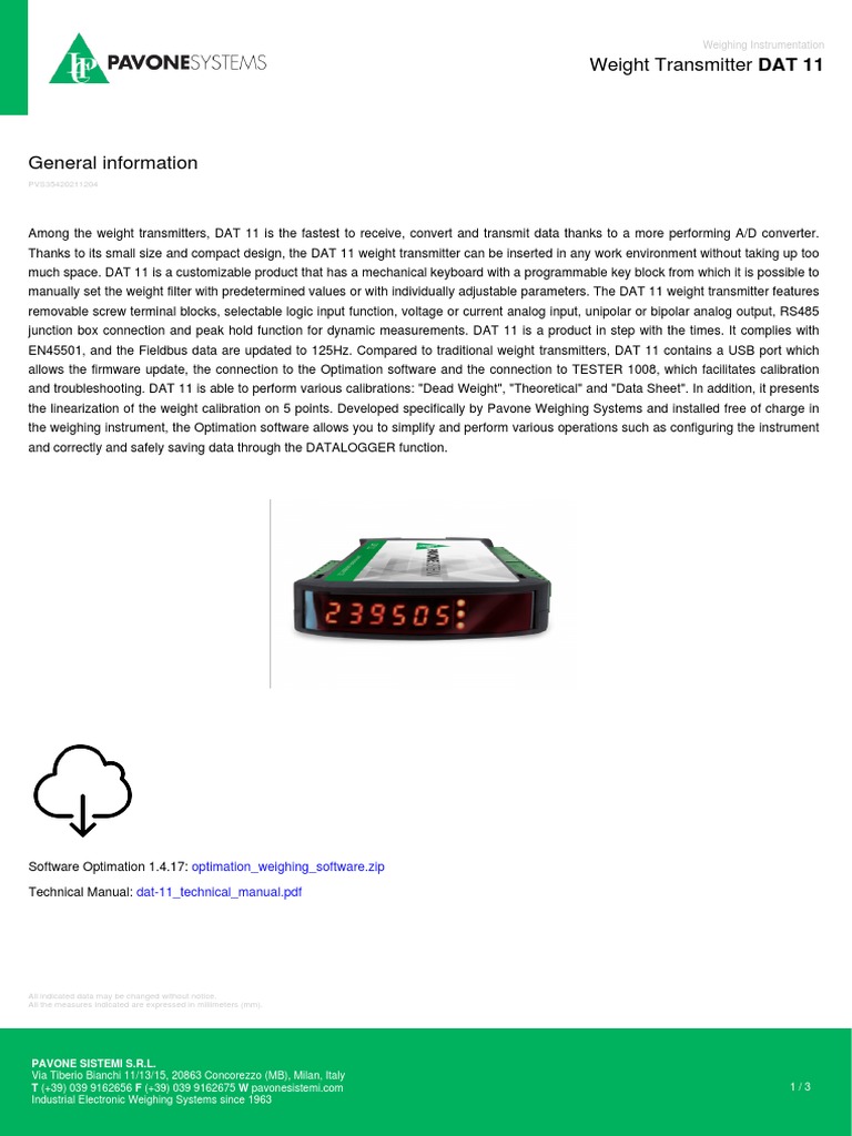 Technical Specifications Pavone Systems Dat-11 | PDF | Analog To ...