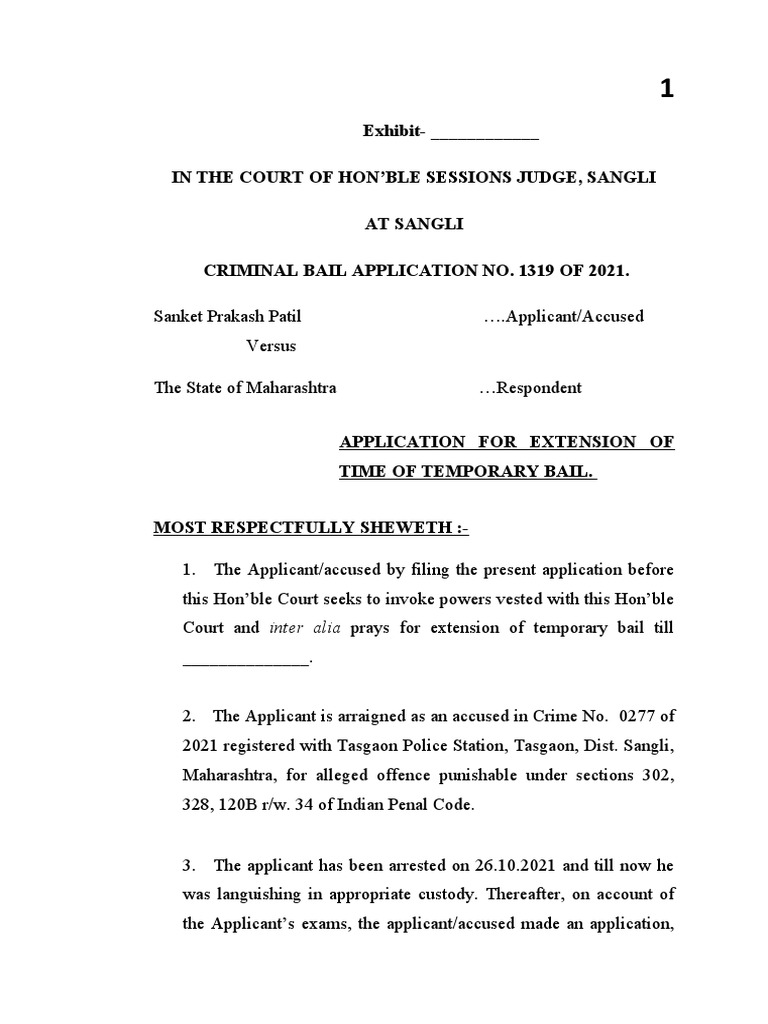 Application For Extension Bail | PDF | Bail | Arrest