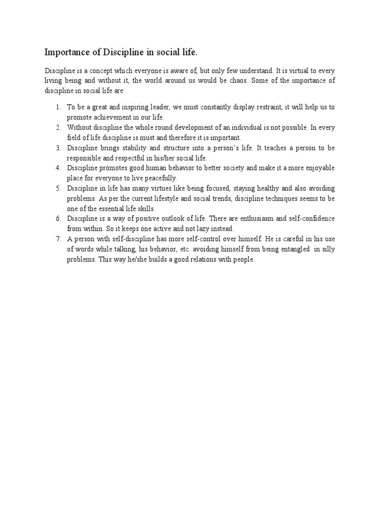Importance of Discipline in Social Life | PDF