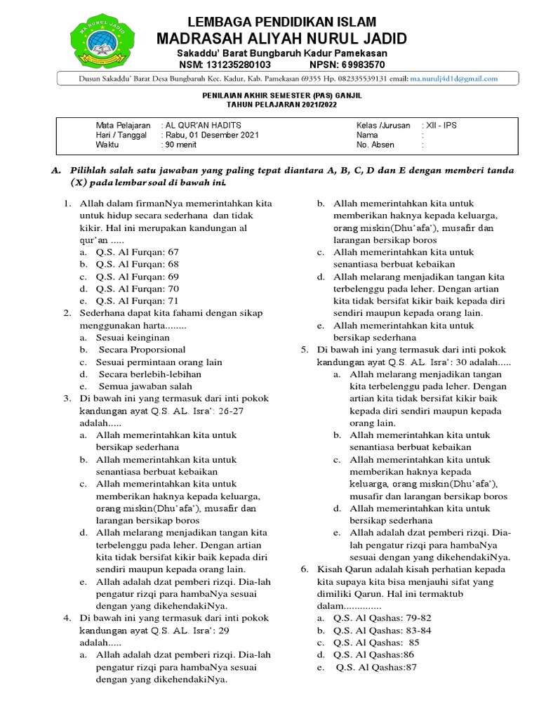 Soal Al Qur'an Hadits Kelas XII SMT I | PDF