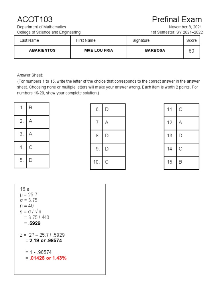 Acot103 - Prefinal Exam Answer Sheet | PDF | Scientific Method | Applied Mathematics