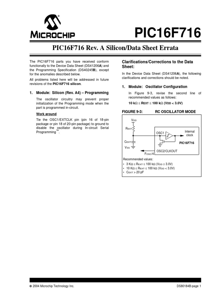 PIC16F716: PIC16F716 Rev. A Silicon/Data Sheet Errata | PDF ...
