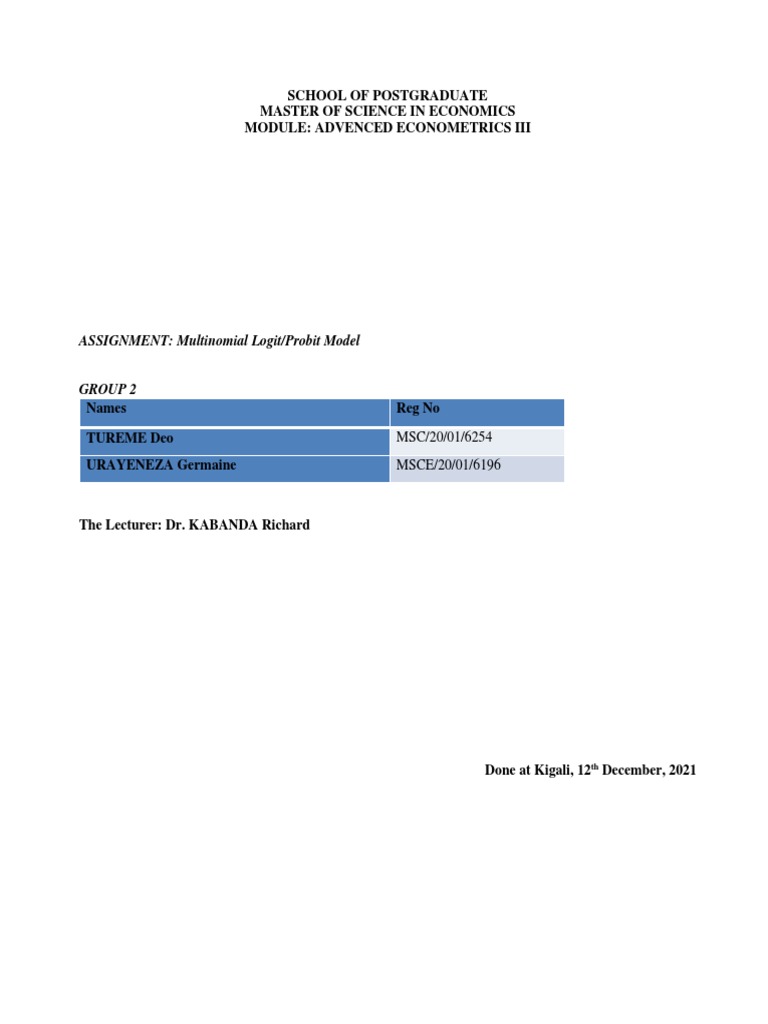Work GRP 2 Multinomial Probit and Logit Models Examples | PDF ...