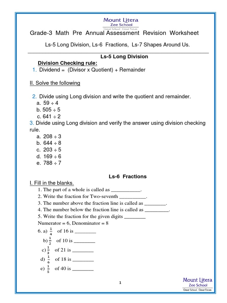 Grade 3 - Math Pre Annual Assessment Revision Worksheet | PDF | Shape ...