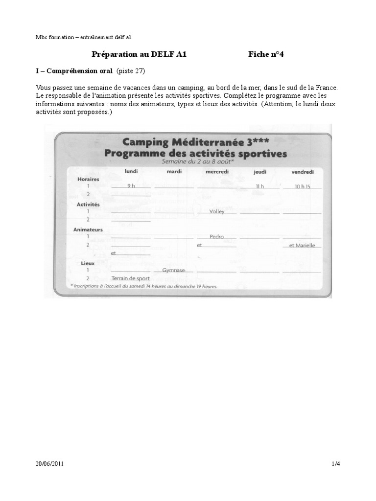 Entraînement DELF A1 : Compréhension et Production | PDF