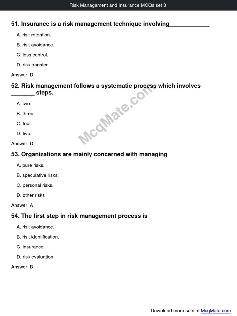 Risk Management and Insurance Solved MCQs Set 3 | PDF | Reinsurance ...