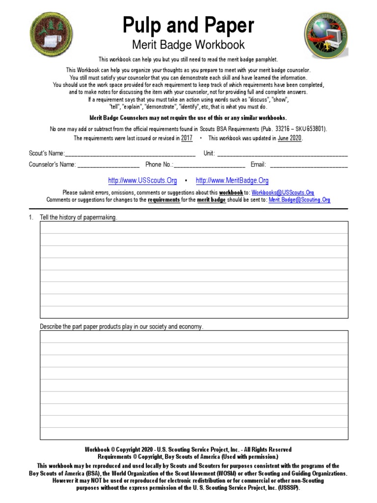 Pulp and Paper: Merit Badge Workbook | PDF | Paper | Pulp (Paper)