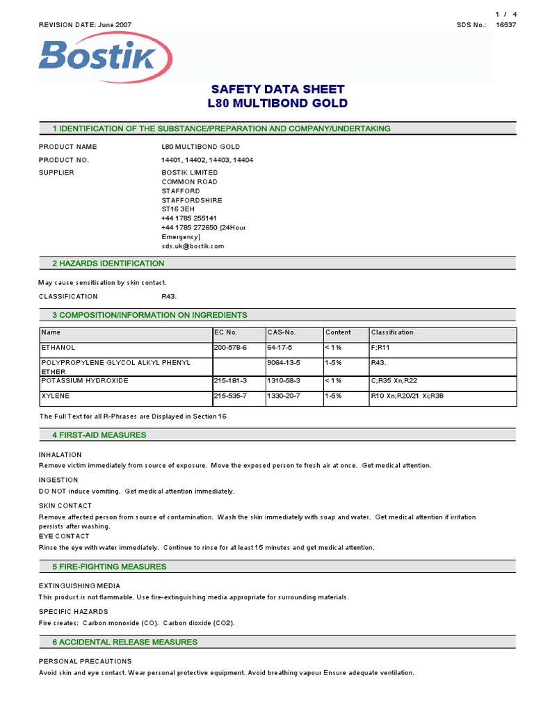 HDS Safety Data Sheet Multibond Gold | PDF | Magnesium | Occupational ...