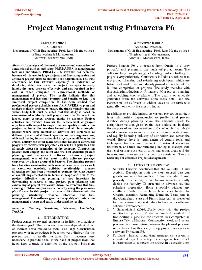 Project Management Using Primavera p6 IJERTV7IS040201 | PDF | Business ...