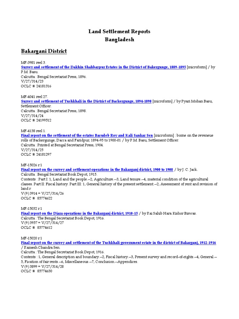 Land Settlement Reports Bangladesh | PDF | Real Property Law | Kolkata