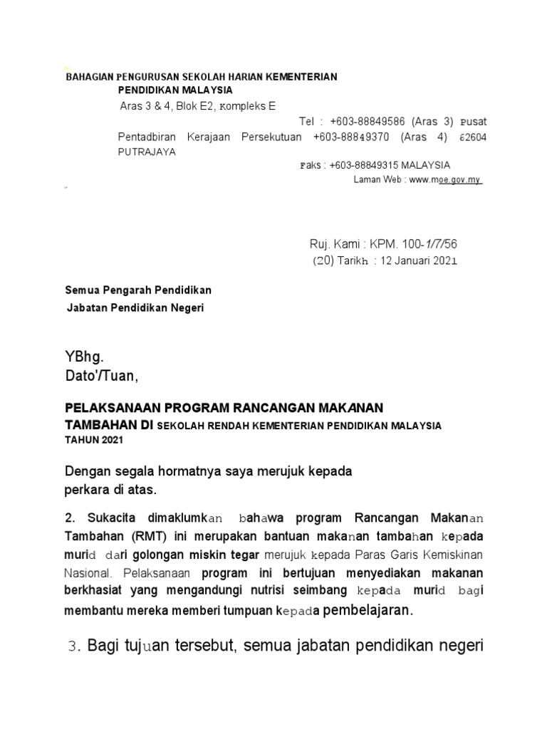 SURAT ARAHAN PELAKSANAAN RMT 2021 | PDF
