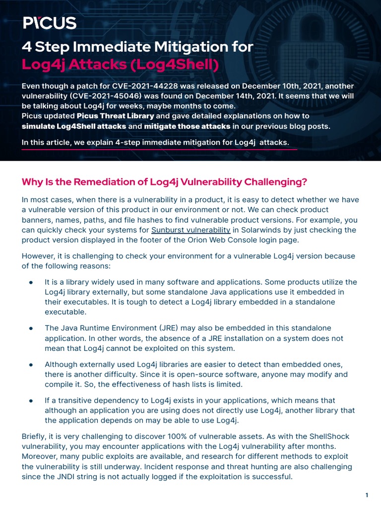 4 Step Mitigation For Log4j Attacks Pdf Vulnerability Computing Java Programming Language