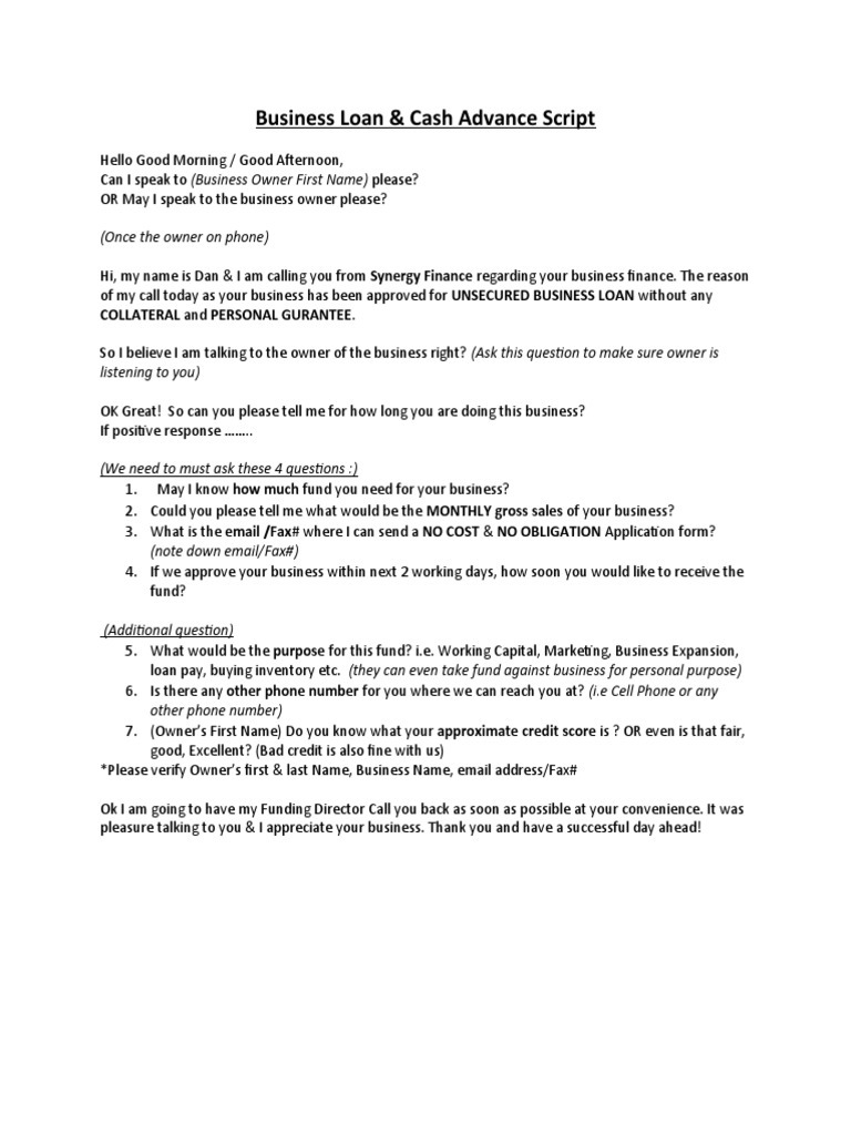 Business Loan & Cash Advance Script: (Once The Owner On Phone) | PDF ...