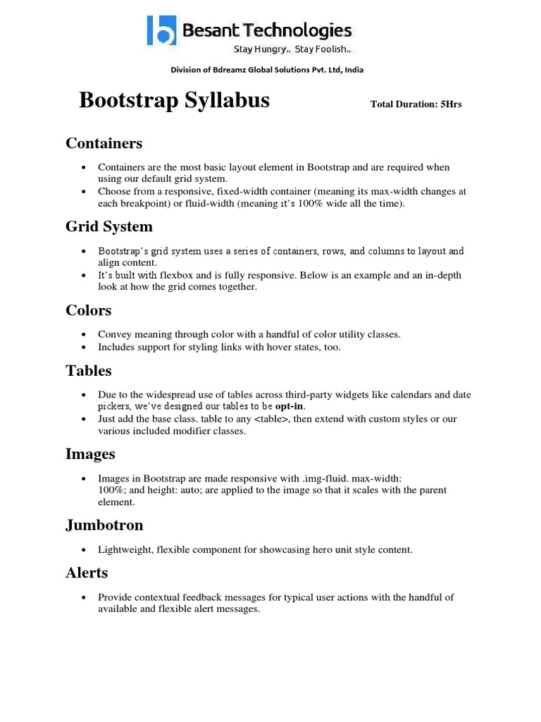 BootstrapTemp Syllabus - Besant Technologies | PDF | Bootstrap (Front ...