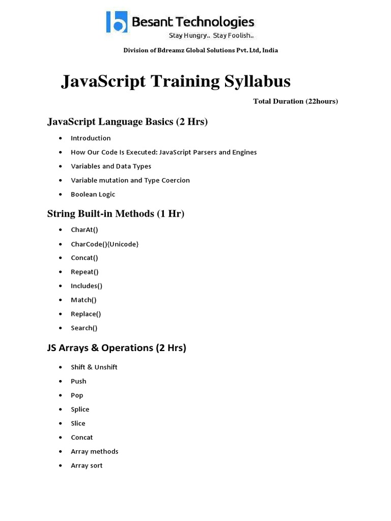 Javascript Syllabus Besant Technologies Download Free Pdf Ajax Programming Json 