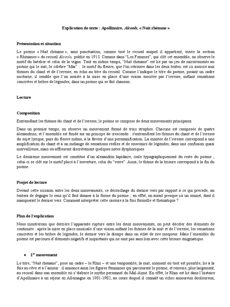 Analyse de "Nuit rhénane" d'Apollinaire | PDF | Rêve