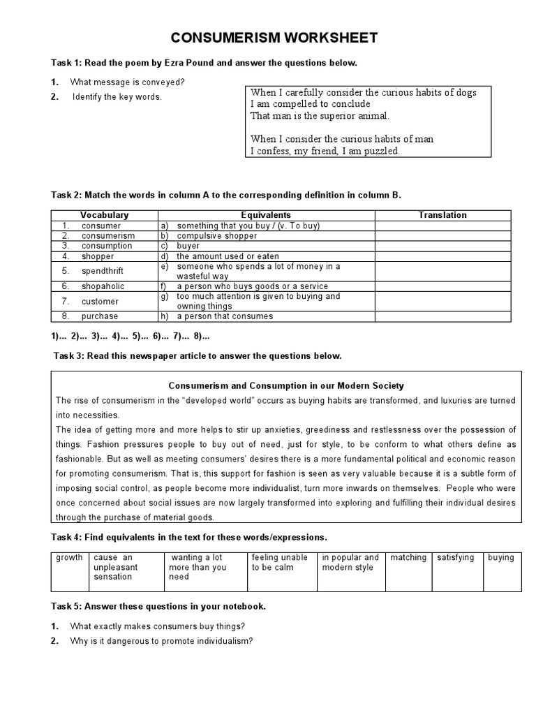 Consumerism Worksheet | PDF