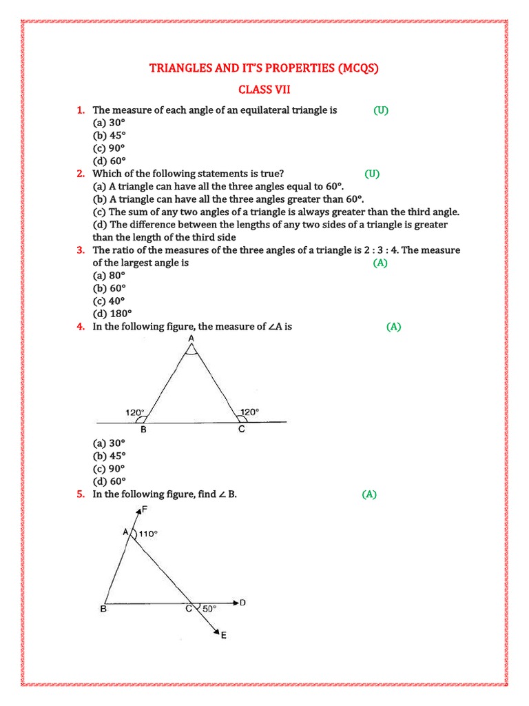 TRIANGLES AND IT's PROPERTIES (MCQS) | PDF | Triangle | Euclidean Geometry