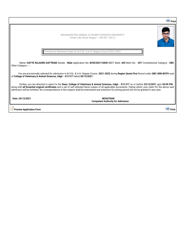 MAFSU - Provisional Allotment Letter | PDF