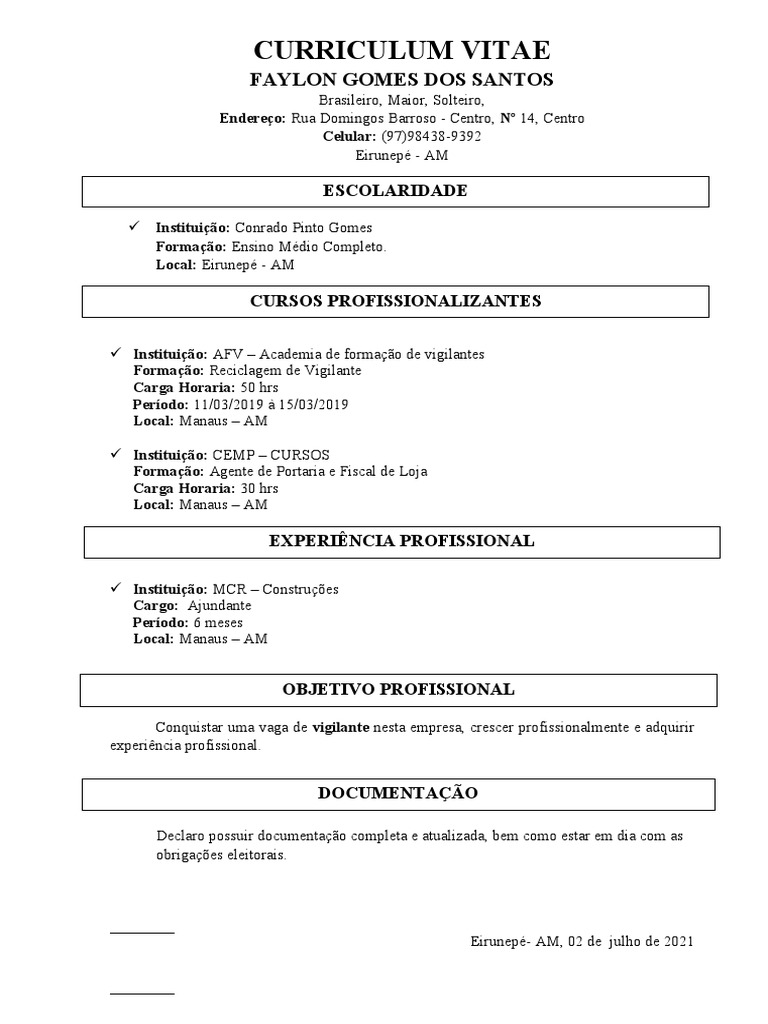 Curriculum Vitae - Faylon Gomes Dos Santos | PDF | Carreira e Crescimento