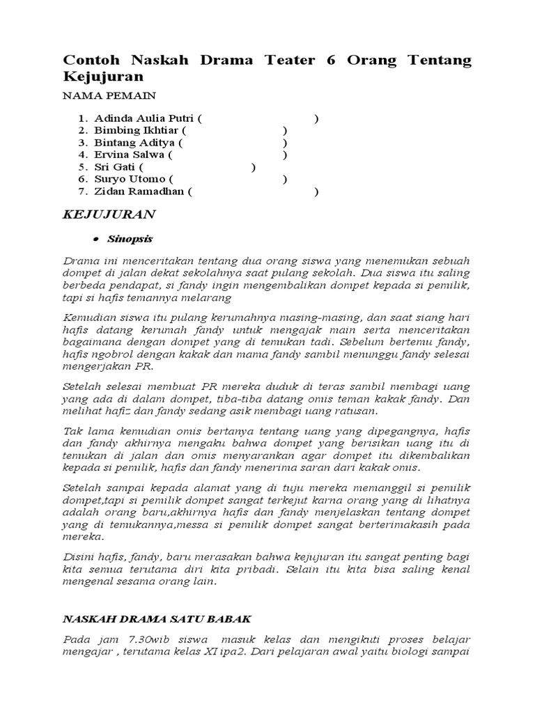 Contoh Naskah Drama Teater 6 Orang Tentang Kejujuran Pdf