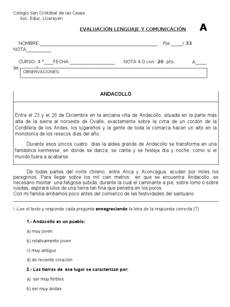 4° Prueba Abril Sujeto y Predicado | PDF | Chile