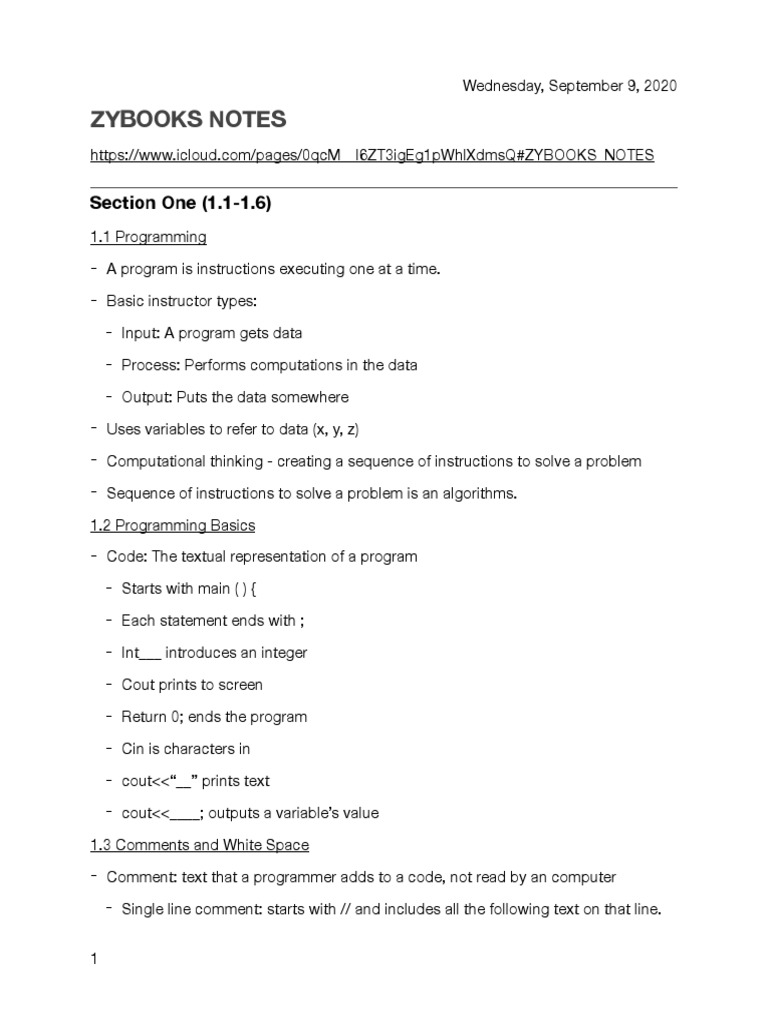 Zybooks Notes: Section One (1.1-1.6) | PDF | Control Flow | Variable ...
