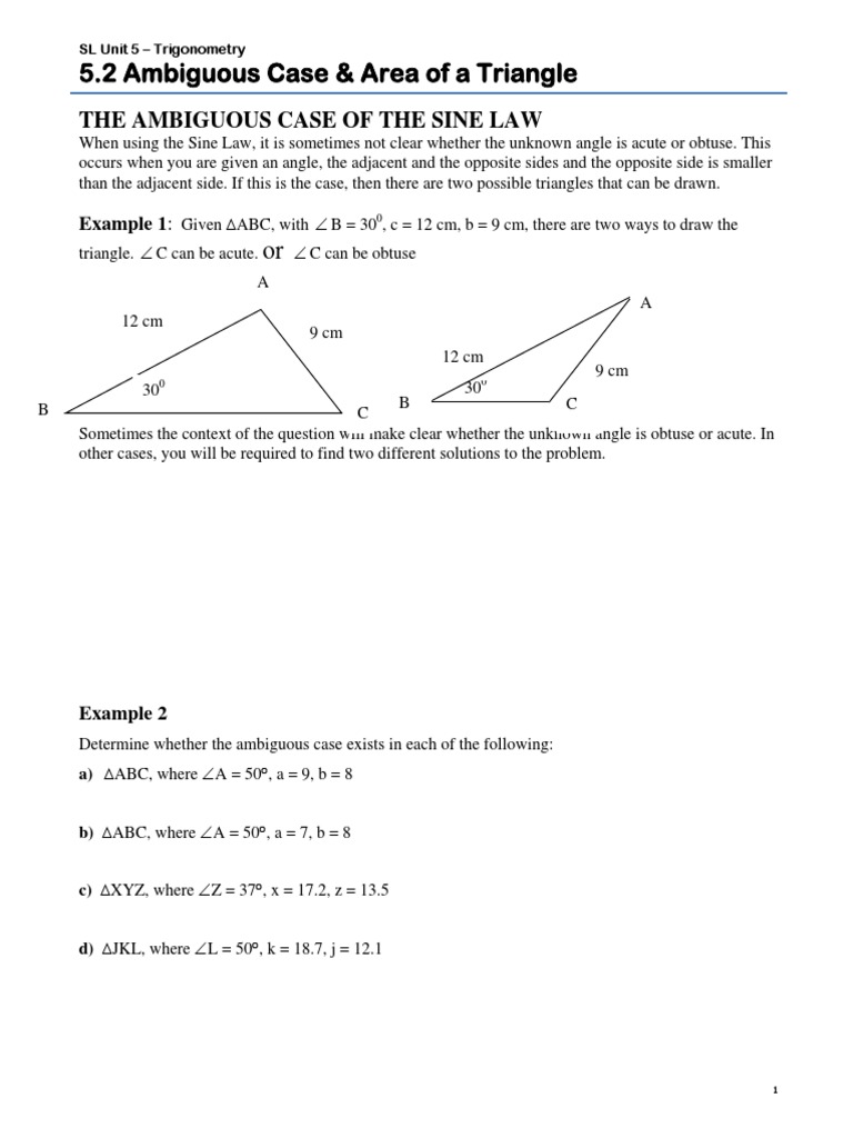 5.2 Ambiguous Case and Area of A Triangle Blank Note | PDF | Triangle ...