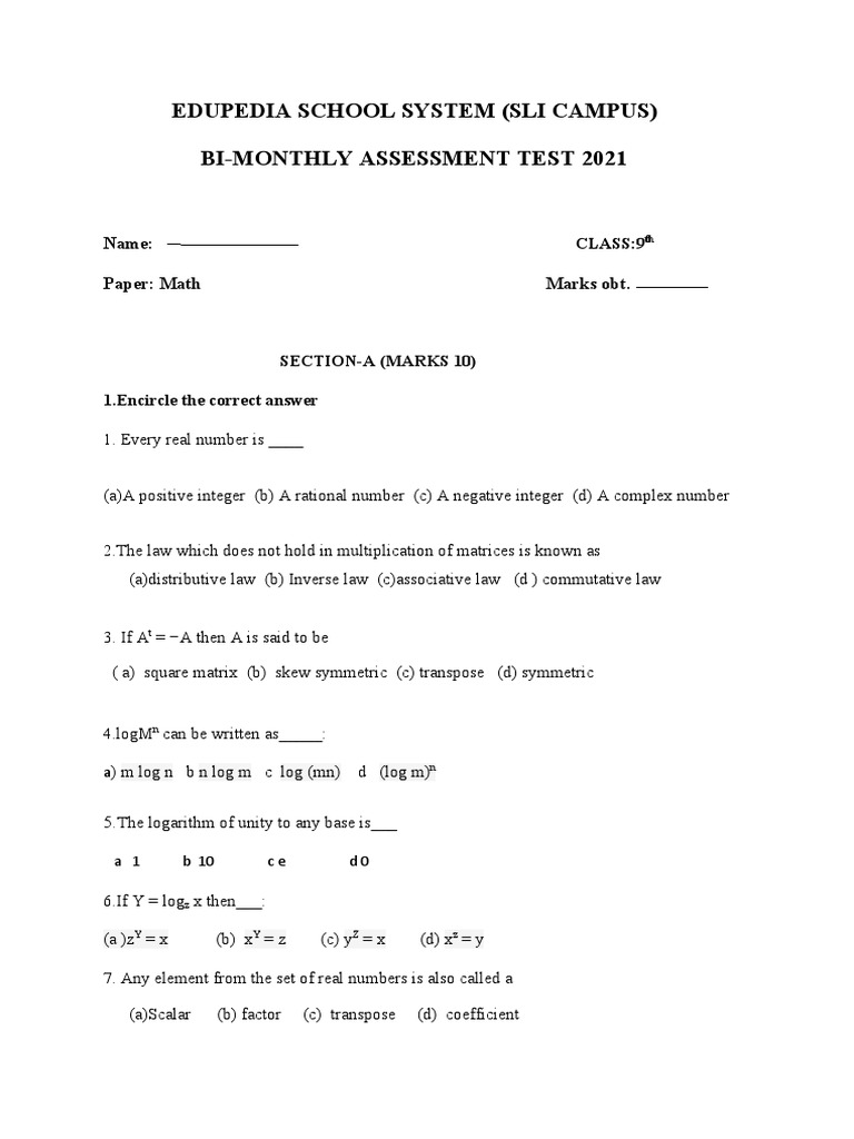 Edupedia 9th Class Math Paper | PDF | Matrix (Mathematics) | Complex Number