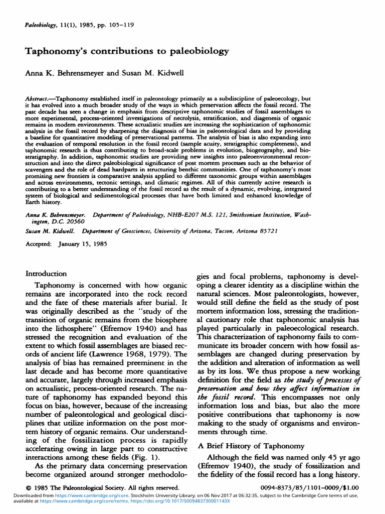 Taphonomy's Contributions To Paleobiology: Ington, D.C. 20560 | PDF ...