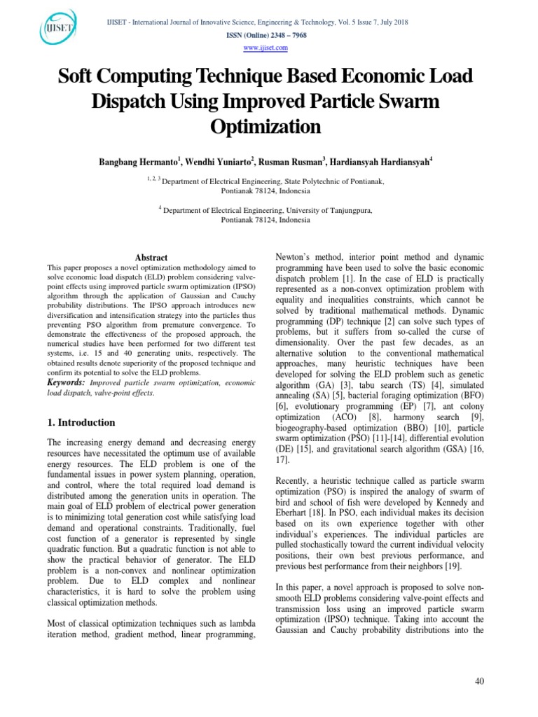 Soft Computing Technique Based Economic Load Dispatch Using Improved Particle Swarm Optimization