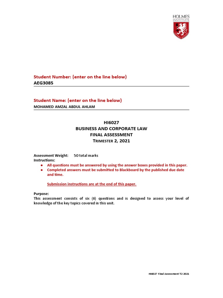 AEG3085 HI6027 Final Assessment T2 2021 | PDF | Lease | Leasehold Estate