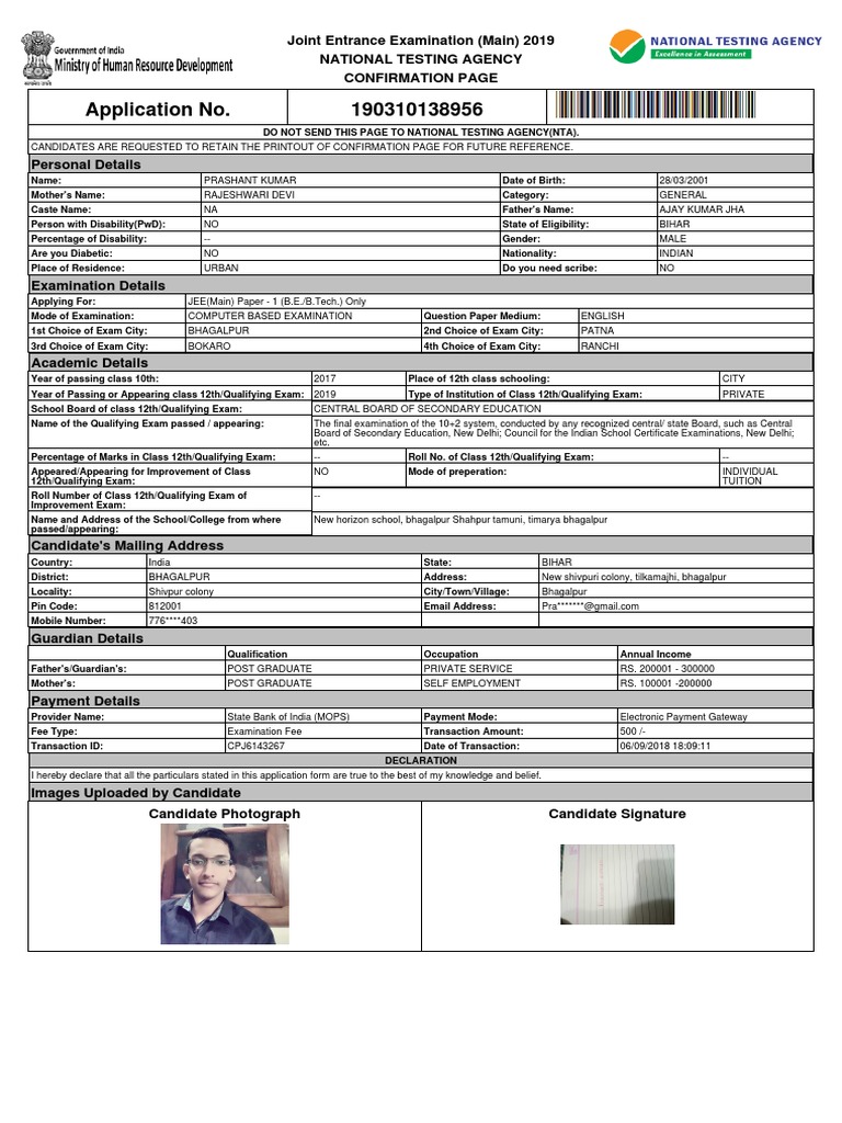 JEE (Main) ConfirmationPage | PDF | Educational Stages | Qualifications