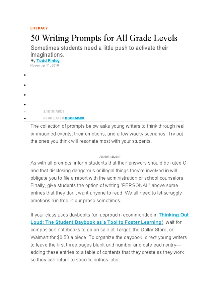 50 Writing Prompts For All Grade Levels - Todd Finley | PDF | Wellness