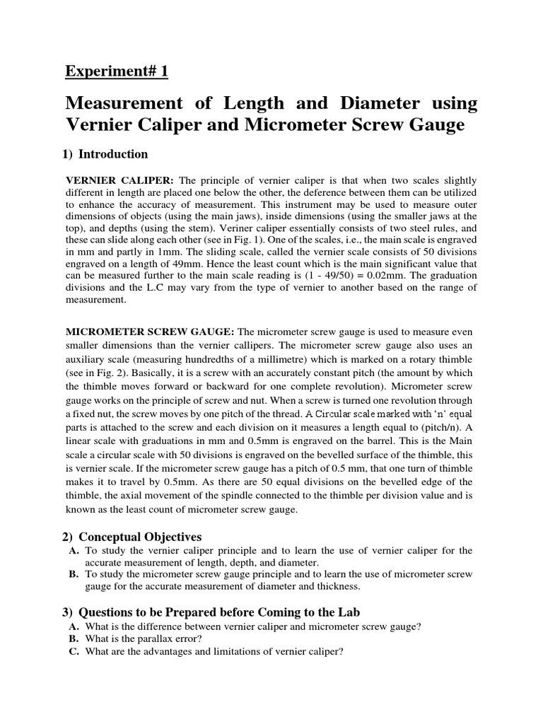 Experiment 1 - Measurement of Length and Diamter Using Vernier Caliper ...